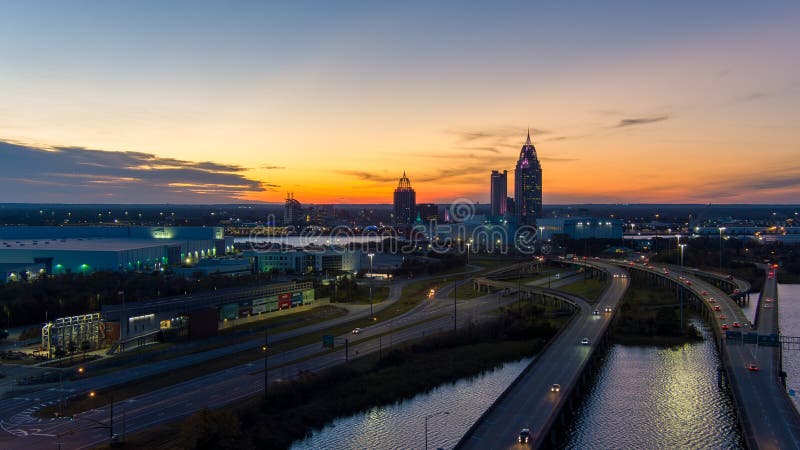 Downtown Mobile, Alabama at Sunset Stock Image - Image of skyline ...