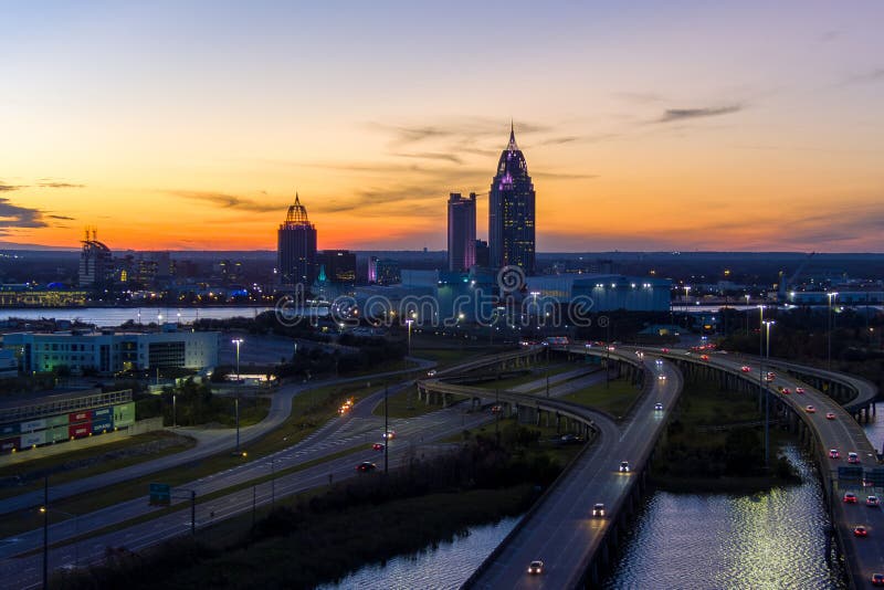 Downtown Mobile, Alabama at Sunset Stock Image - Image of port ...