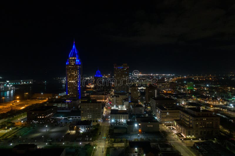 The Downtown Mobile, Alabama Waterfront Skyline at Night in November of ...