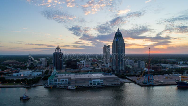 The Downtown Mobile, Alabama Waterfront Skyline at Sunset Editorial ...