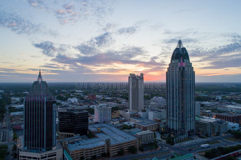 The Downtown Mobile, Alabama Waterfront Skyline at Sunset Editorial ...