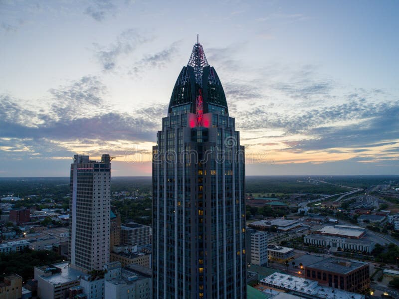 The Downtown Mobile, Alabama Waterfront Skyline at Sunset Stock Photo ...