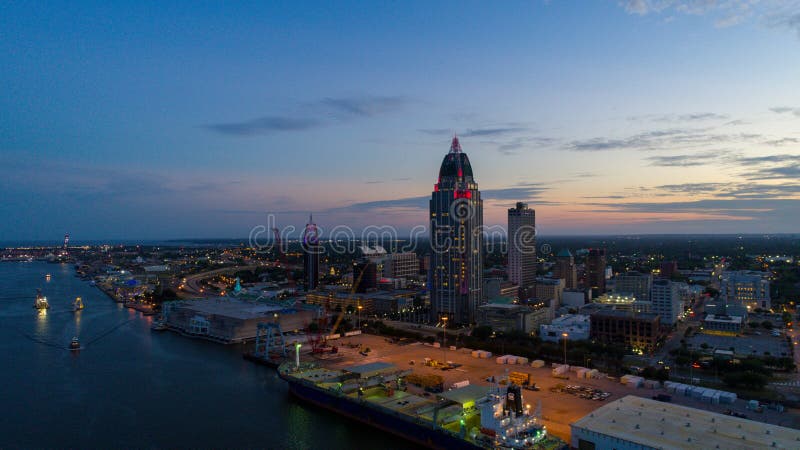 The Downtown Mobile, Alabama Waterfront Skyline at Sunset Stock Photo ...