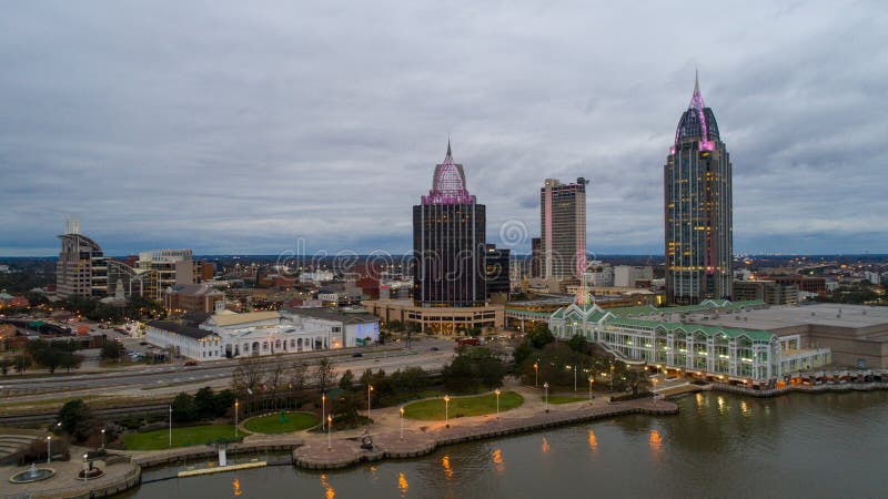The Downtown Mobile, Alabama Waterfront Skyline at Sunset in January of ...