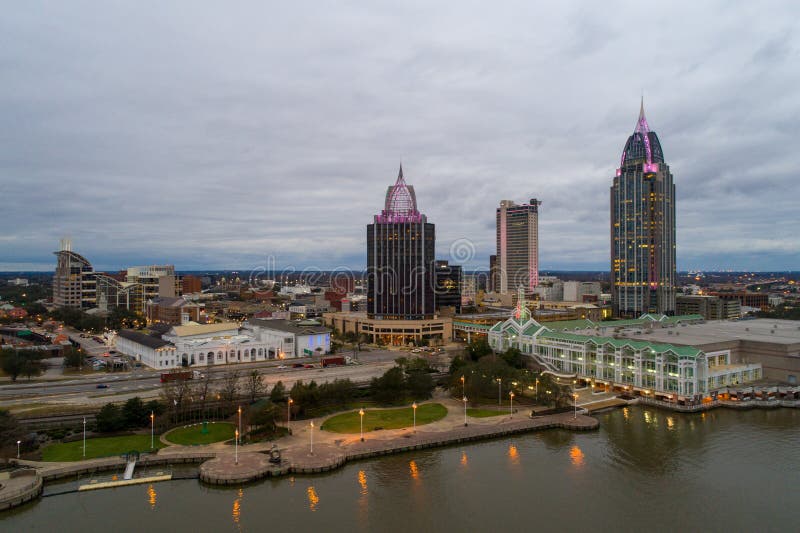 The Downtown Mobile, Alabama Waterfront Skyline at Sunset in January of ...