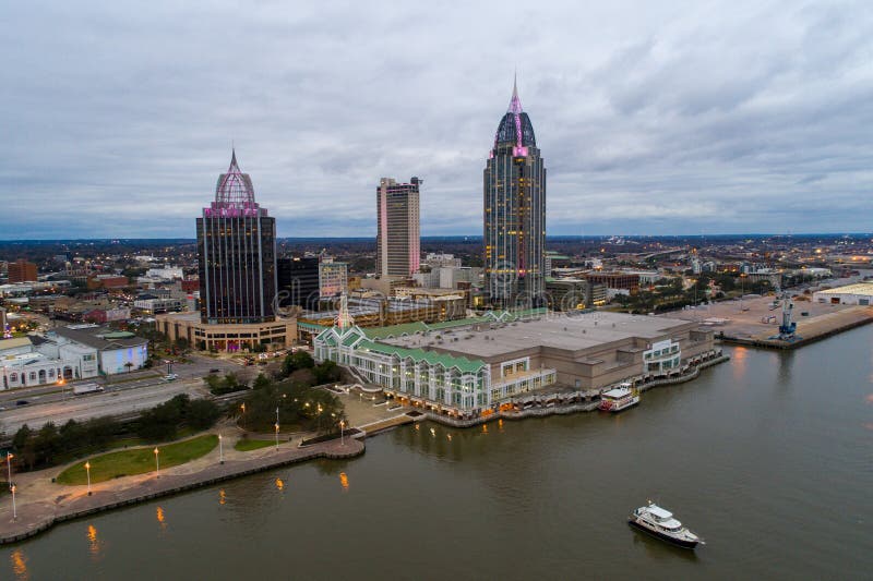 The Downtown Mobile, Alabama Waterfront Skyline at Sunset in January of ...