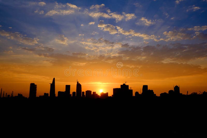 Downtown Saigon in Sunset with Blue Sky ( Back Light View from T ...