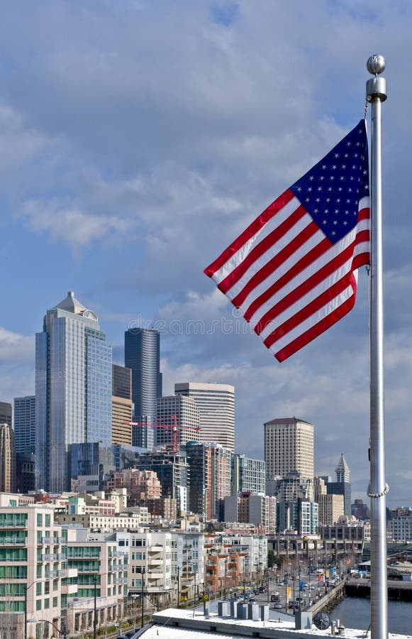 Downtown Seattle and flag stock photo. Image of banner - 4647408