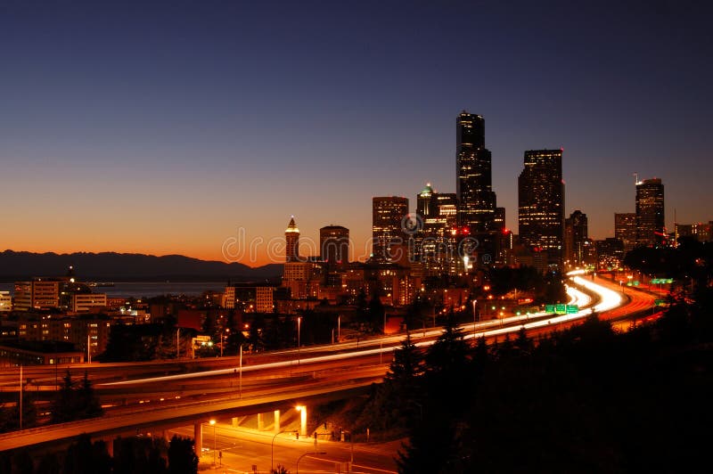 Downtown Seattle at night stock photo. Image of seattle - 9370580