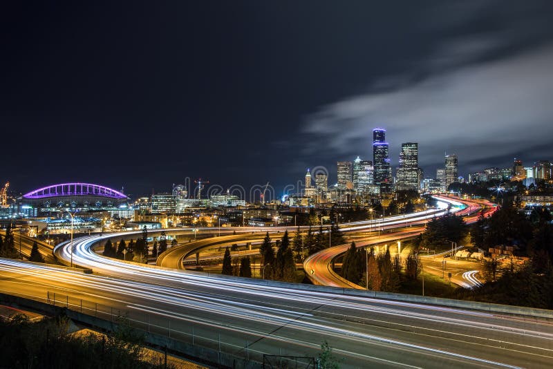 Downtown Seattle Skyline at Night Stock Photo - Image of city, cars ...