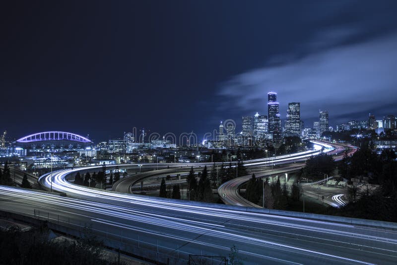 Downtown Seattle Skyline at Night Stock Photo - Image of view, road ...
