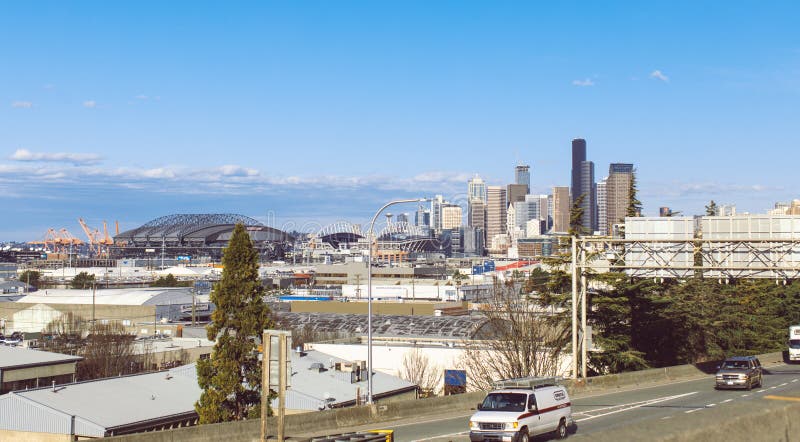 Downtown Seattle Skyline View from Highway Editorial Photo - Image of ...
