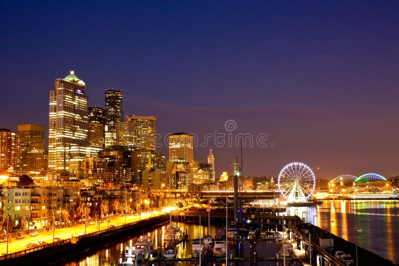 Downtown Seattle with Night Lights Stock Image - Image of landmark ...