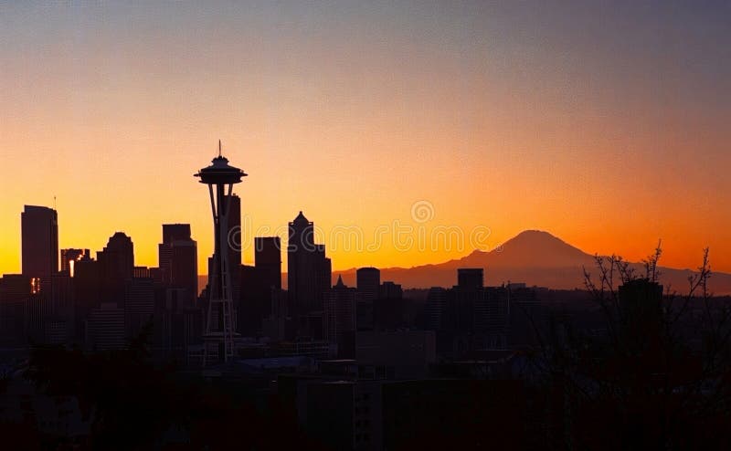 Silhouetted Downtown Seattle and Mt. Hood Stock Photo - Image of travel ...