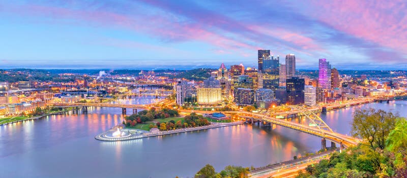 Downtown Skyline of Pittsburgh, Pennsylvania at Sunset Stock Photo ...