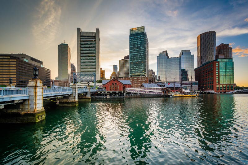 The Downtown Skyline at Sunset, Seen from Fort Point in Boston, Stock ...
