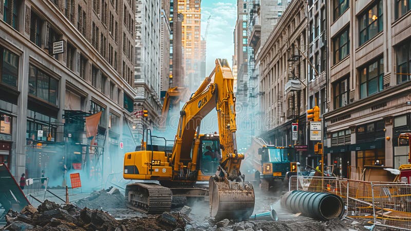 Downtown Street Construction Under Clear Skies on a Sunny Day, Urban ...