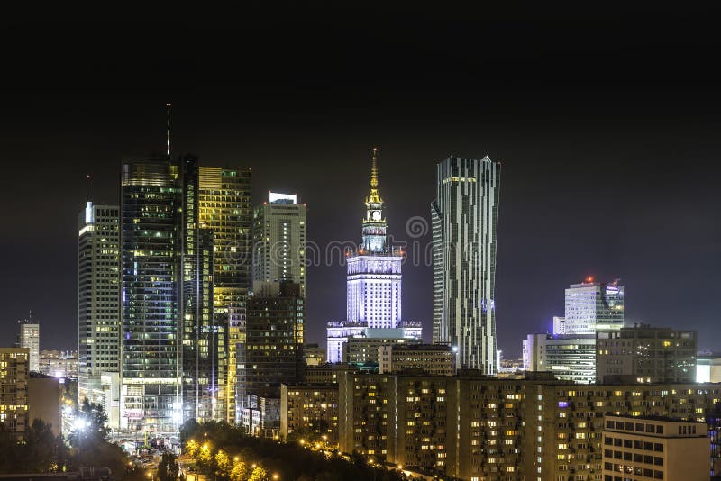 Downtown Warsaw at night stock image. Image of city, metro - 34528741