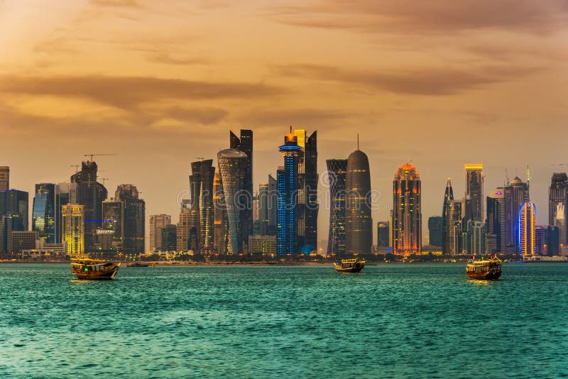 Downtown Waterfront of Doha, Qatar after Sunset Editorial Stock Photo ...