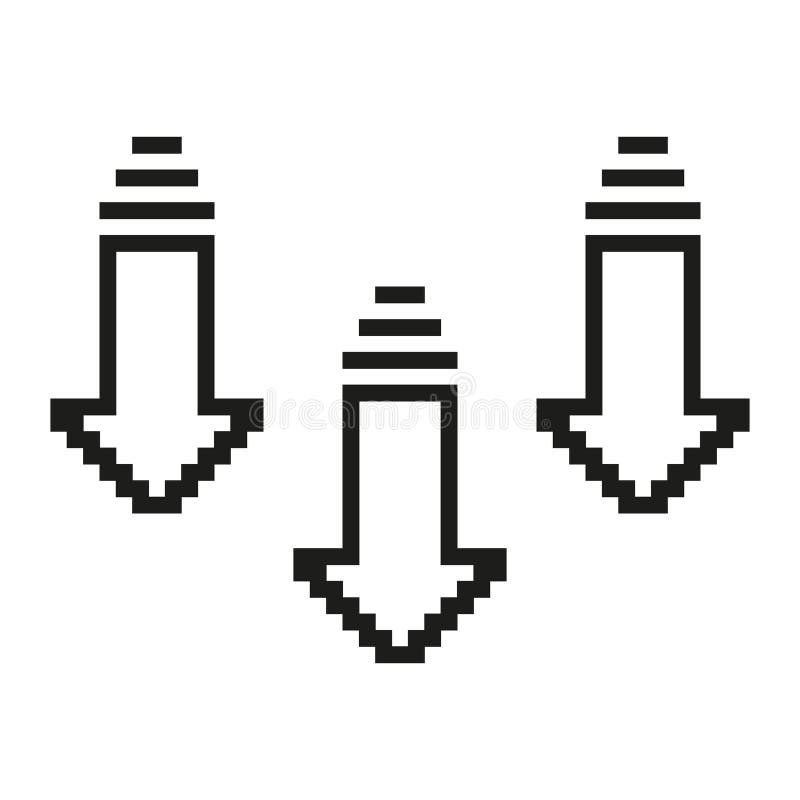 Downward Arrows Pixelated Icon. Pixel Art Symbol of Decrease or Download. Three Arrows Pointing ...