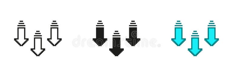 Downward Arrows Pixelated Icon Set. Pixel Art Symbol of Decrease or Download. Three Arrows ...