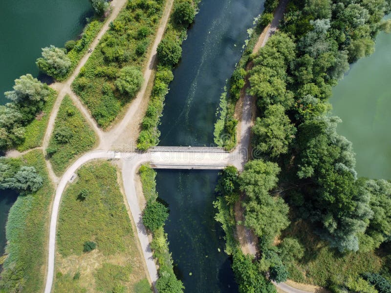 Downward Drone Shot of River Path and Bridge in Hoddesdon UK Stock ...