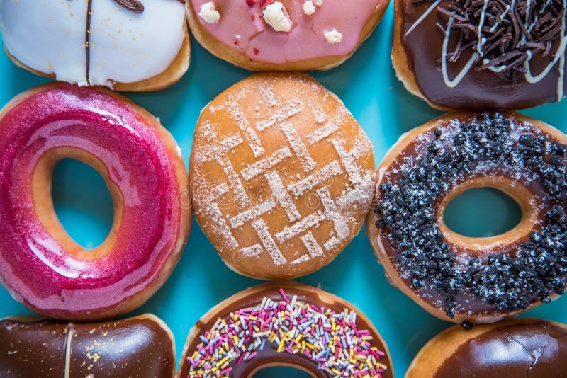 Dozen of Artisan Donuts Overhead View Stock Photo - Image of vibrant ...