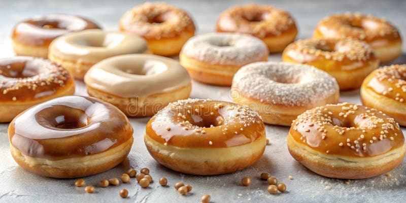 A Dozen Assorted Glazed Donuts with Caramel and Powdered Sugar Toppings. Generative AI Stock ...