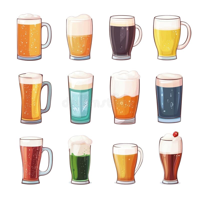 A Dozen Different Beer Types in Mugs and Glasses Frothy and Refreshing ...