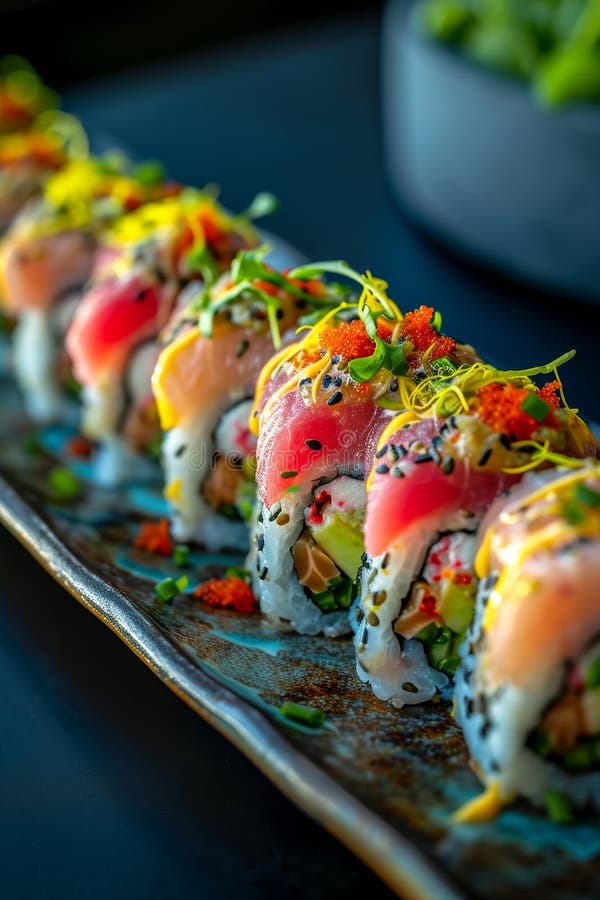 A Dozen Fusion Sushi Rolls Served on an Elegant Platter Stock ...