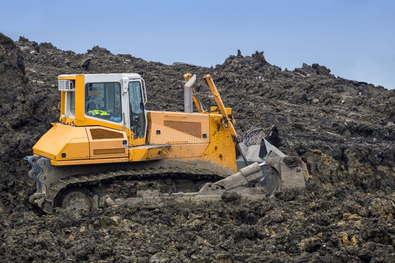 Construction Bulldozer Crane Truck Working, Loaded on Floating Steel ...