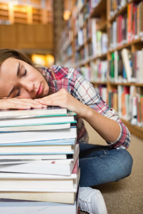 Dozing Student Sitting Library Floor Leaning Pile Books Stock Photos ...