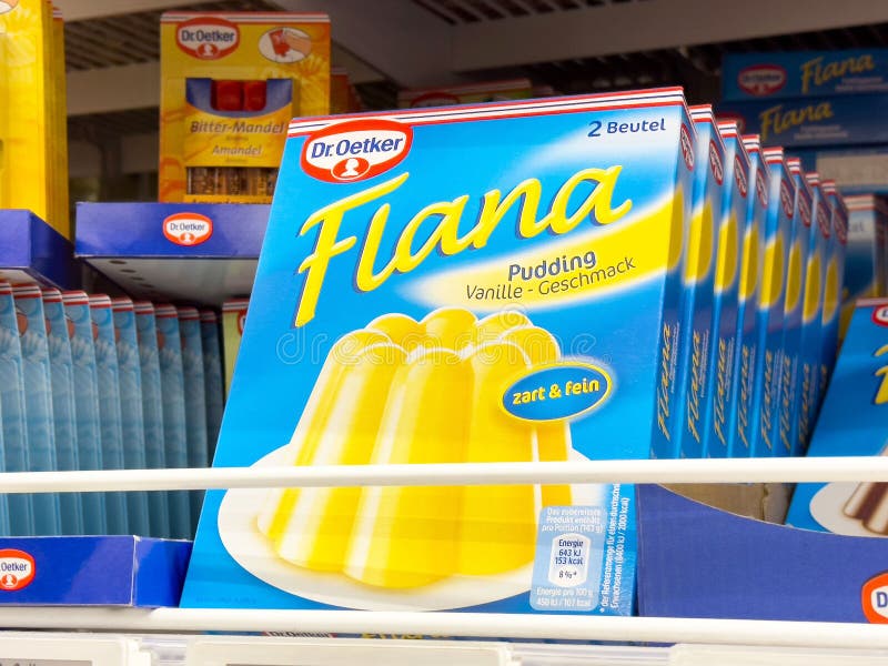Dr. Oetker Flana Vanilla Pudding Mix Packaging on Supermarket Shelf ...