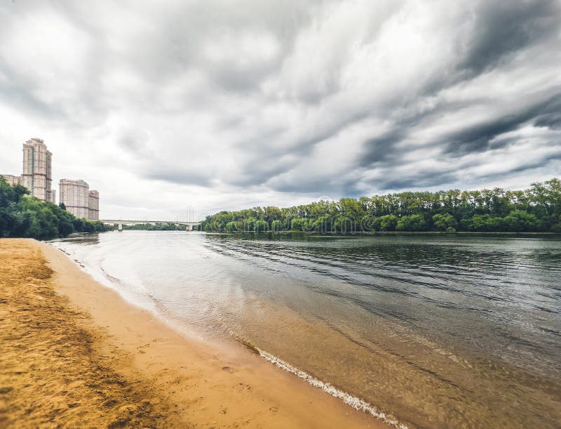 Draamatic Cityscape with River Sandy Beach Stock Image - Image of fresh ...