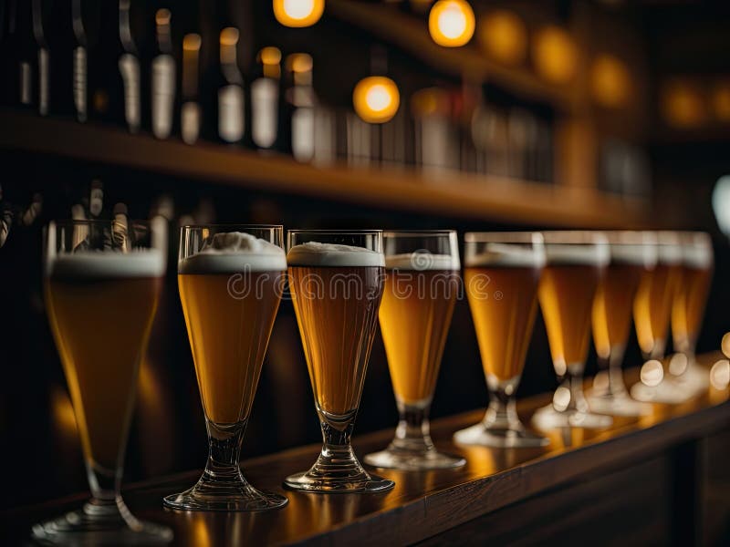 Draft Beer in Glasses on the Bar Stand. Ai Generative Stock ...