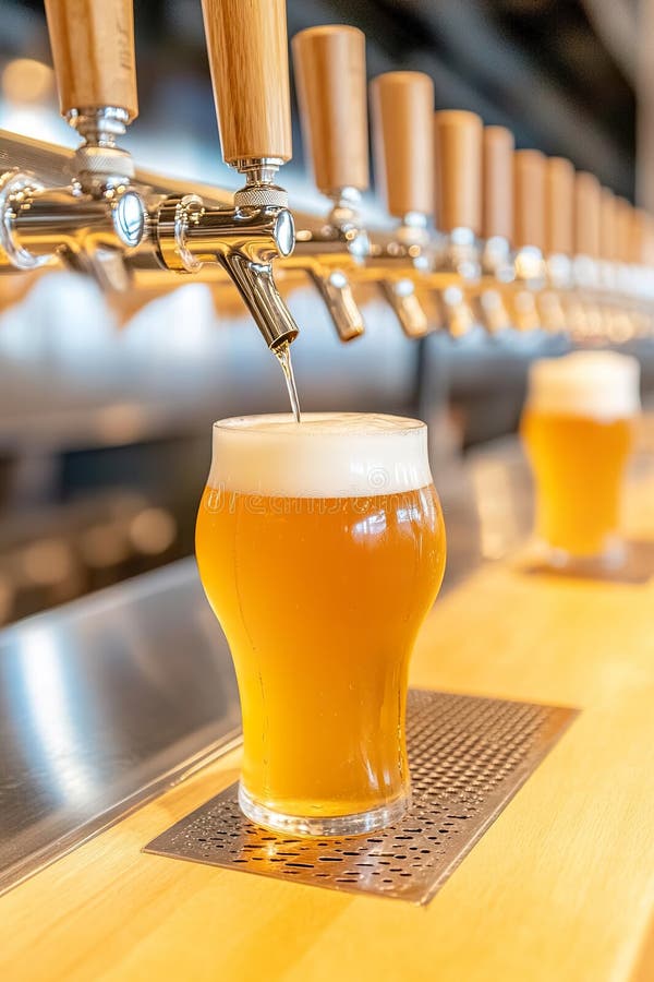 Draft Beer Pouring from Tap in Modern Bar Setting with Pint Glass Stock Photo - Image of table ...