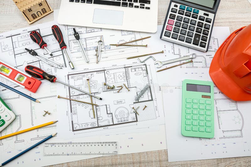 Draft Drawings Construction Tools Scattered Over Housing Project on ...