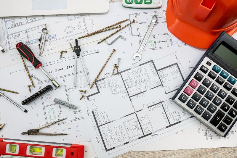 Draft Drawings Construction Tools Scattered Over Housing Project on ...