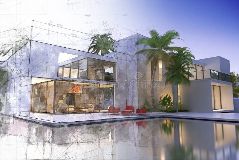 Draft and Final Rendering of Luxurious Villa Stock Illustration ...