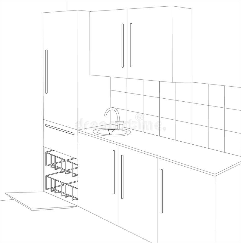 Drawing of a Fitted Kitchen Stock Vector - Illustration of draft ...