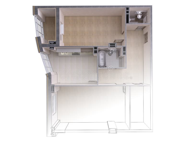 Draft Sketch of a Modern Apartment Contrasting with a Realistic 3d ...
