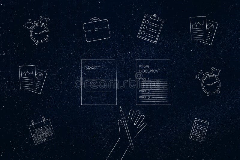 From Draft To Final Document Sheets with Hand Holding Pencil Surrounded ...