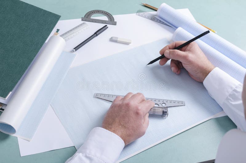 Drafter at Work.Workplace of Draftsman. Y-square, Graph Paper, Rulers ...