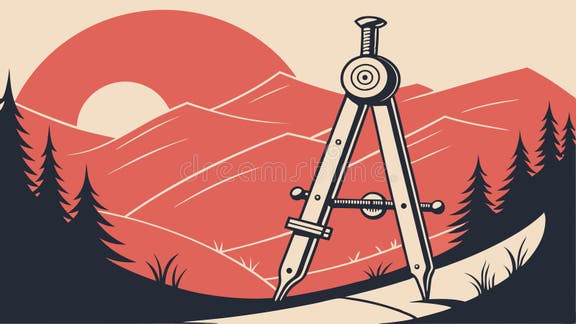 Drafting Compass and Mountain Landscape, Precision and Nature, Vector ...
