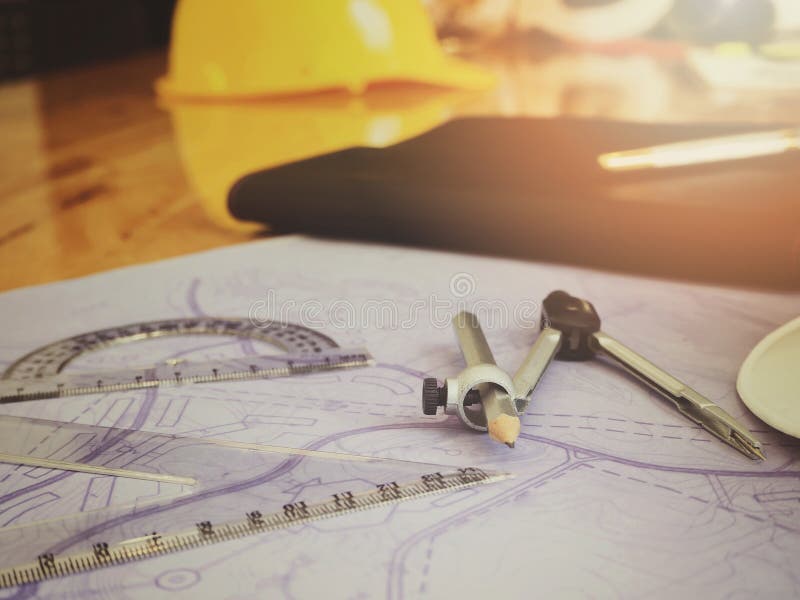 Drafting Compass and Rulers on Blueprints. Stock Image - Image of draw ...