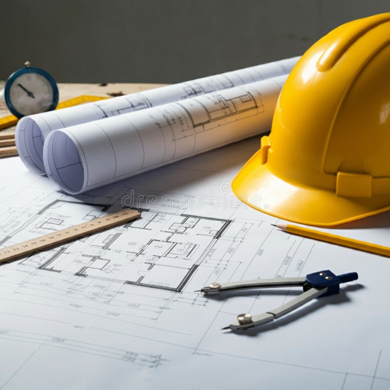 Drafting Desk Featuring Rolled Architectural Blueprints, a Detailed ...