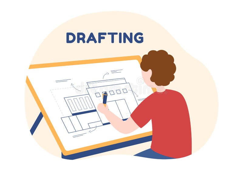 Drafting, Engineer or Architect Working on Drawing Board Projecting and Draft in Flat Cartoon ...