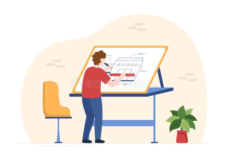 Drafting, Engineer or Architect Working on Drawing Board Projecting and ...