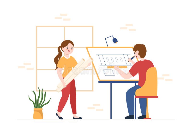 Drafting, Engineer or Architect Working on Drawing Board Projecting and ...