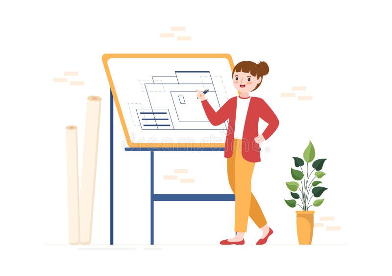 Drafting, Engineer or Architect Working on Drawing Board Projecting and ...